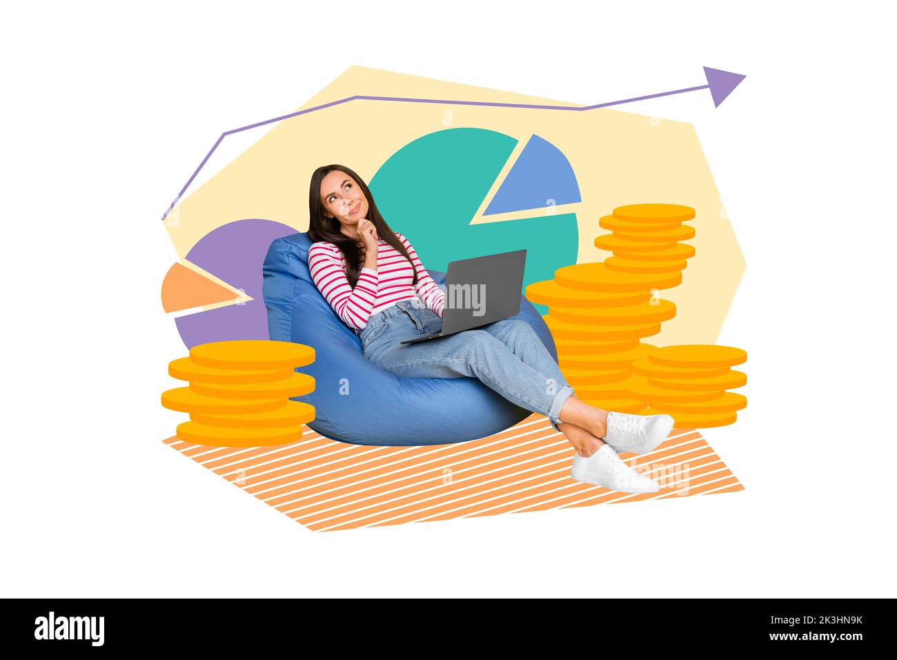 Composite collage image of thoughtful minded businesswoman look charts ...