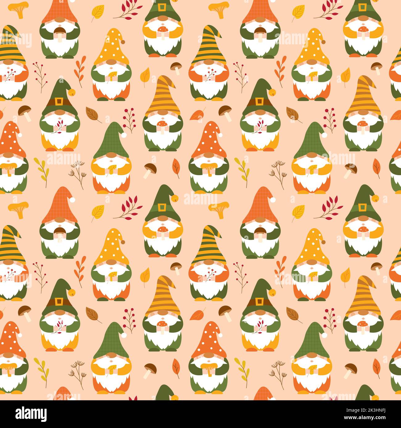 Seamless pattern with cute autumn gnomes holding mushroom, leaves ...