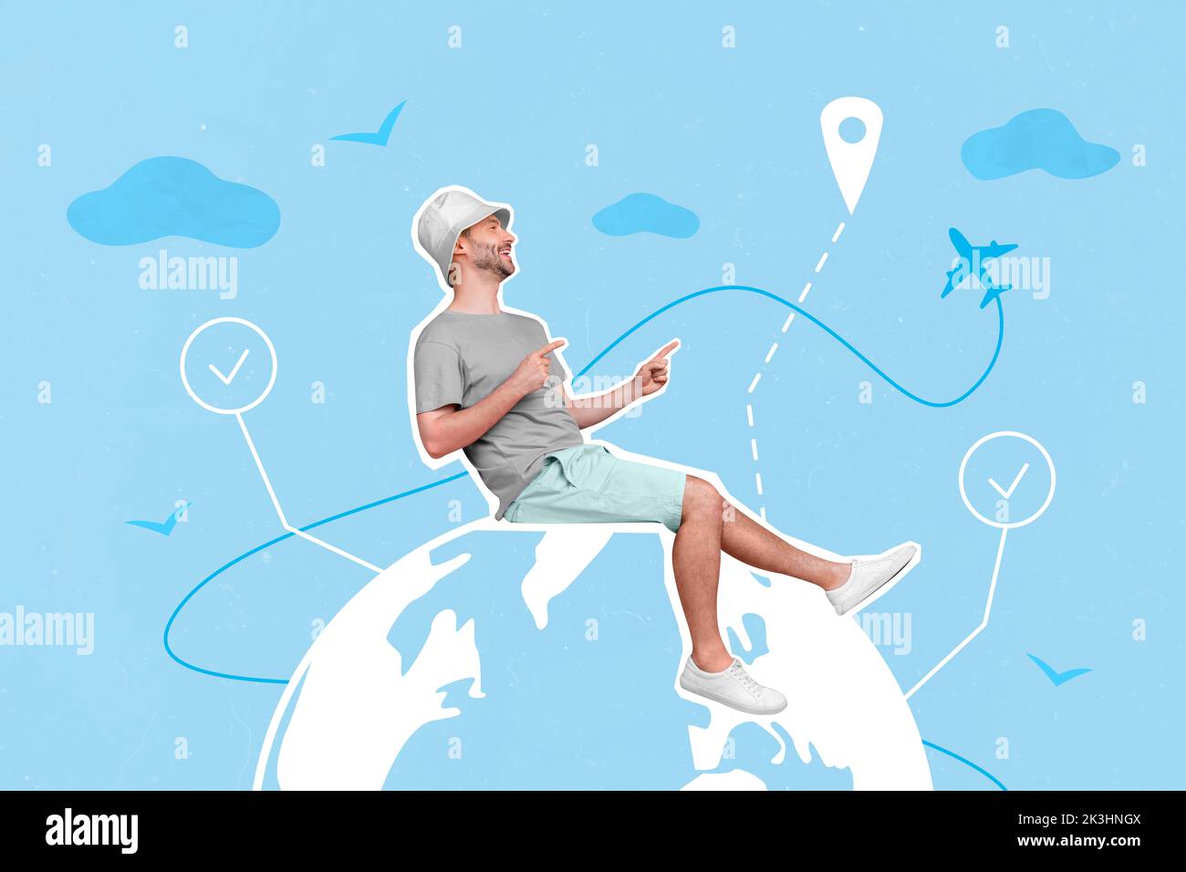 Creative drawing collage picture of funny positive man tourist point ...