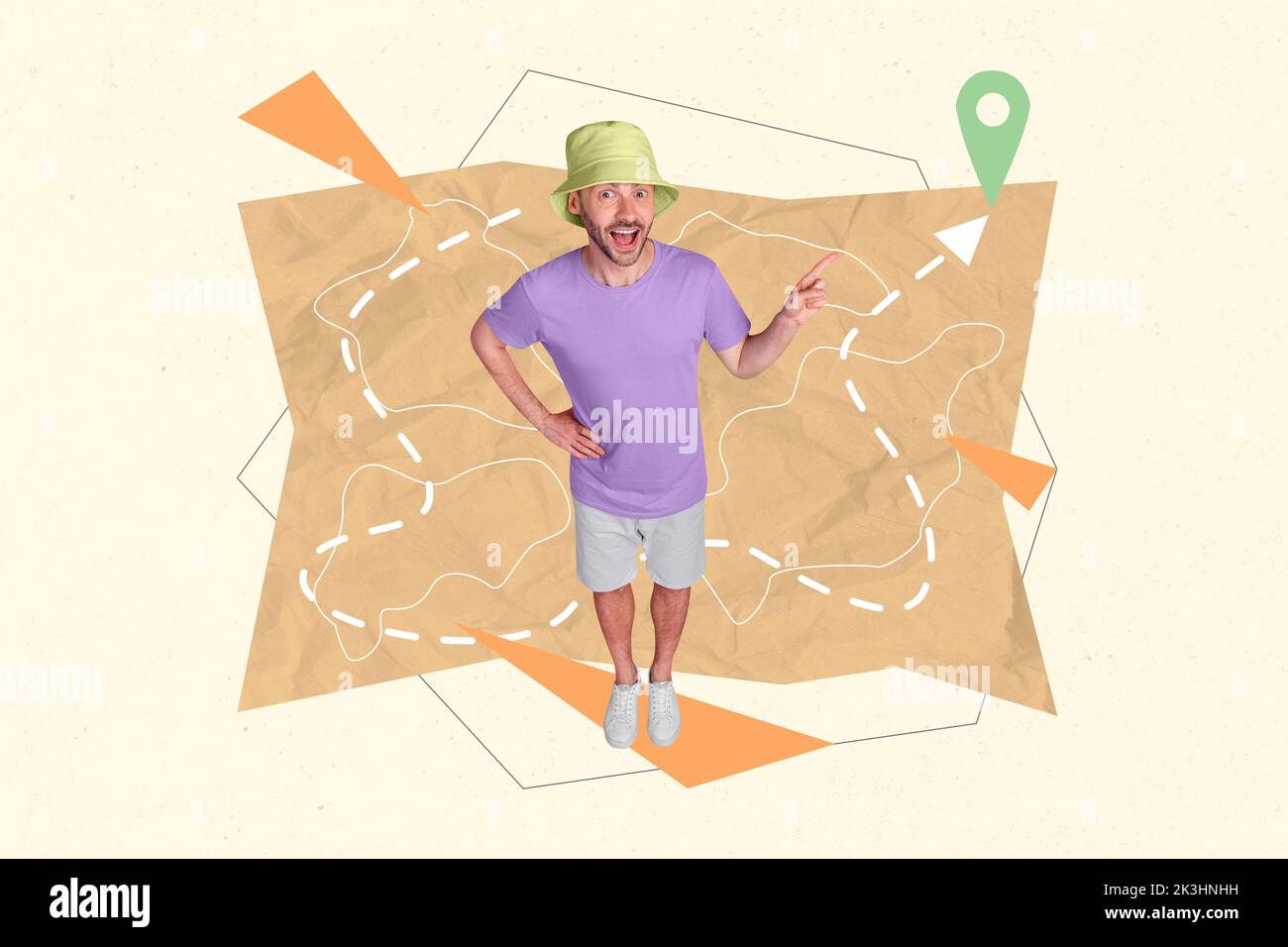 Composite collage image of funny travel guide point destination point ...