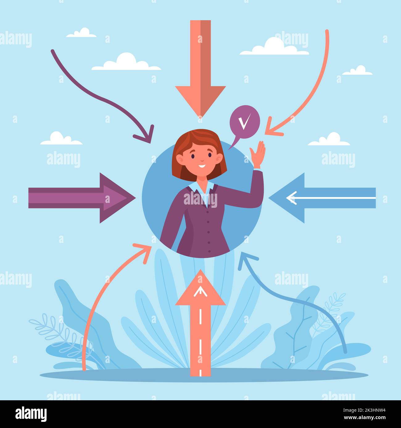 Customer oriented approach to buyer. Woman portrait icon and arrows in ...