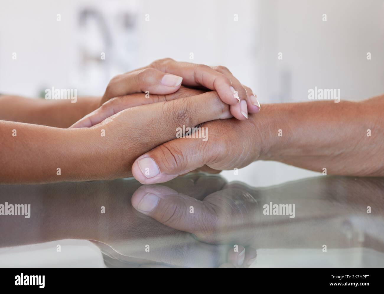 Zoom, love and people holding hands for support, care and support for ...