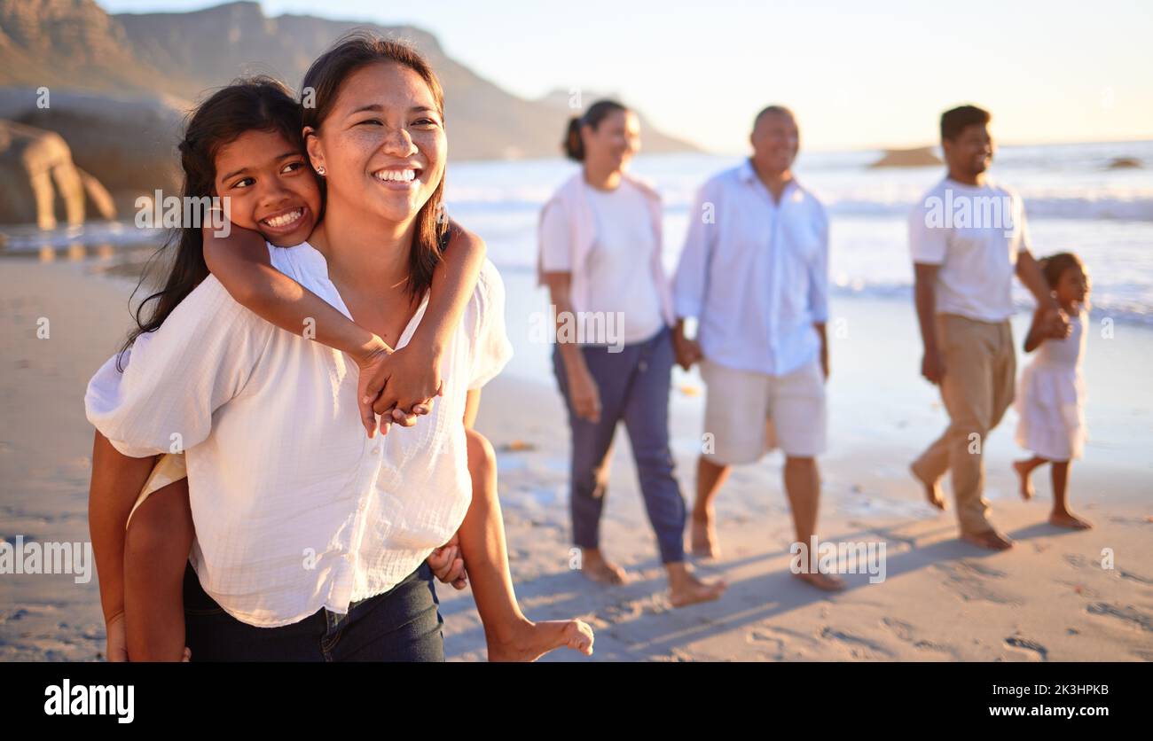 Travel, happy family and beach vacation with relax, cheerful people ...