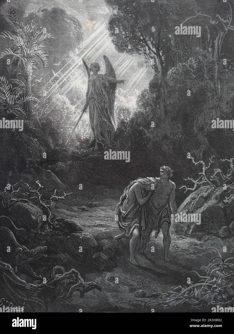The expulsion from paradise. Illustration by Gustave Dore from the third edition of the Bible ...