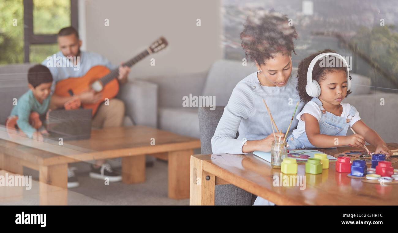 Music, art and happy family bonding in their home together, relax with ...