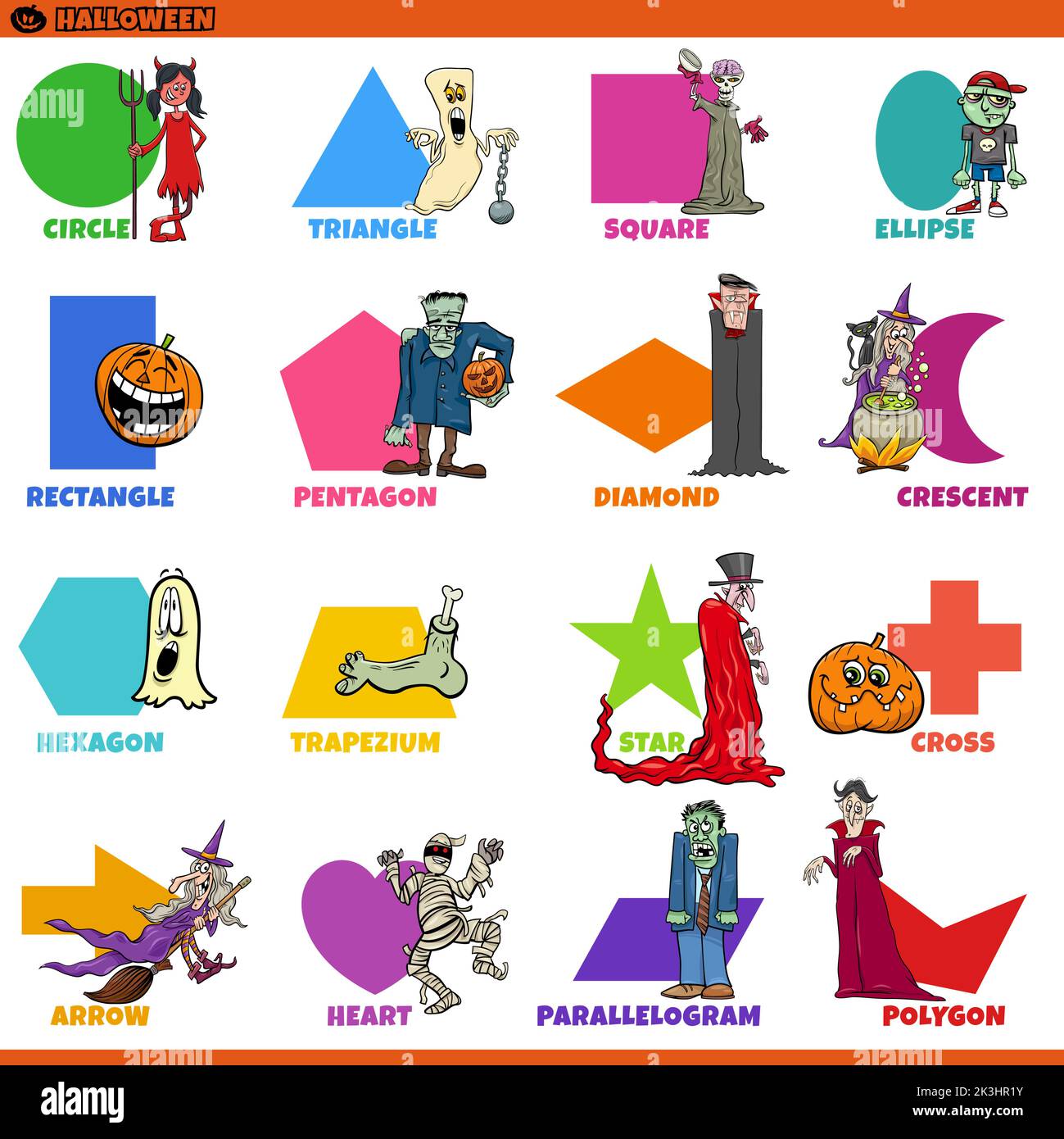 Educational cartoon illustration of geometric shapes with captions and ...