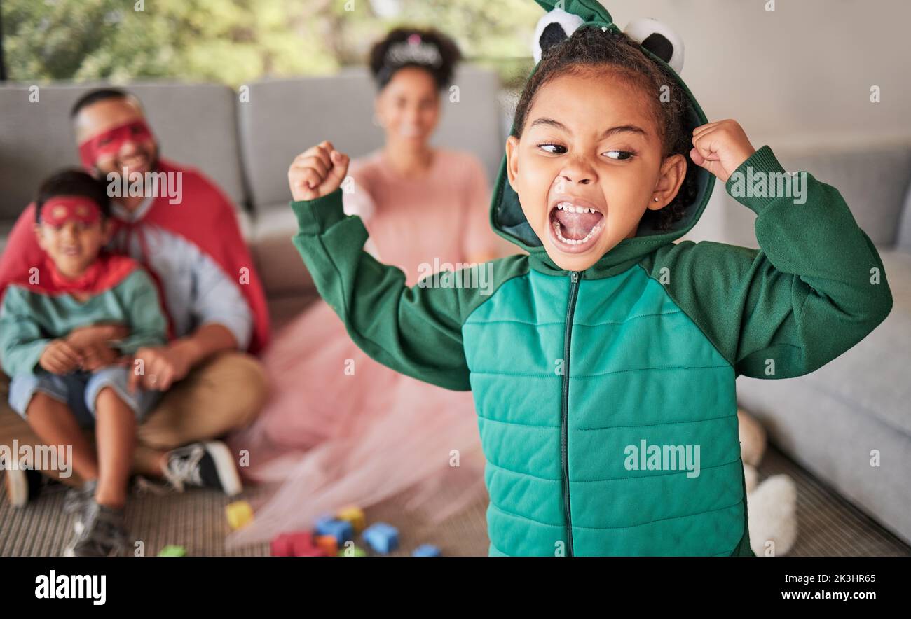 Child, fun and dress up for Halloween with energetic, brave and strong ...