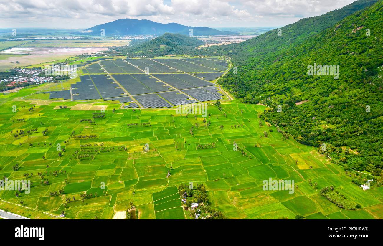 Rice fields interspersed with solar power fields in the morning, a ...