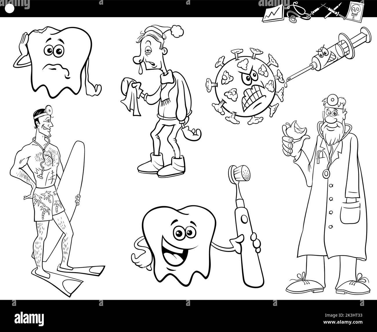 Black and white cartoon illustration of health care and medical topics ...