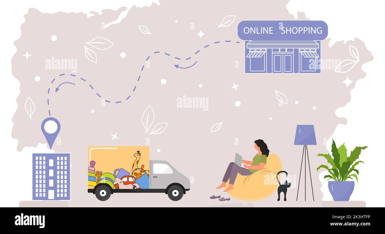 Vector illustration Woman uses a website on laptop to order the ...