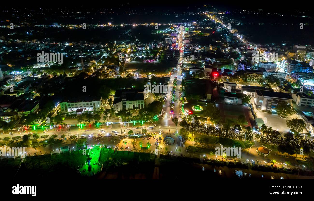 Chau Doc city, An Giang, Vietnam at night, aerial view. This is a large ...