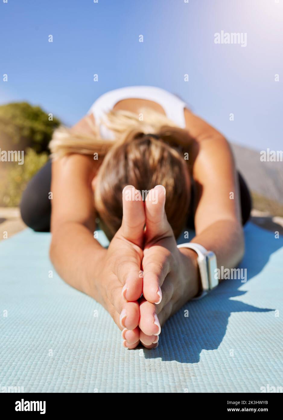 Stretching, yoga and wellness woman hands with outdoor nature, sunshine ...