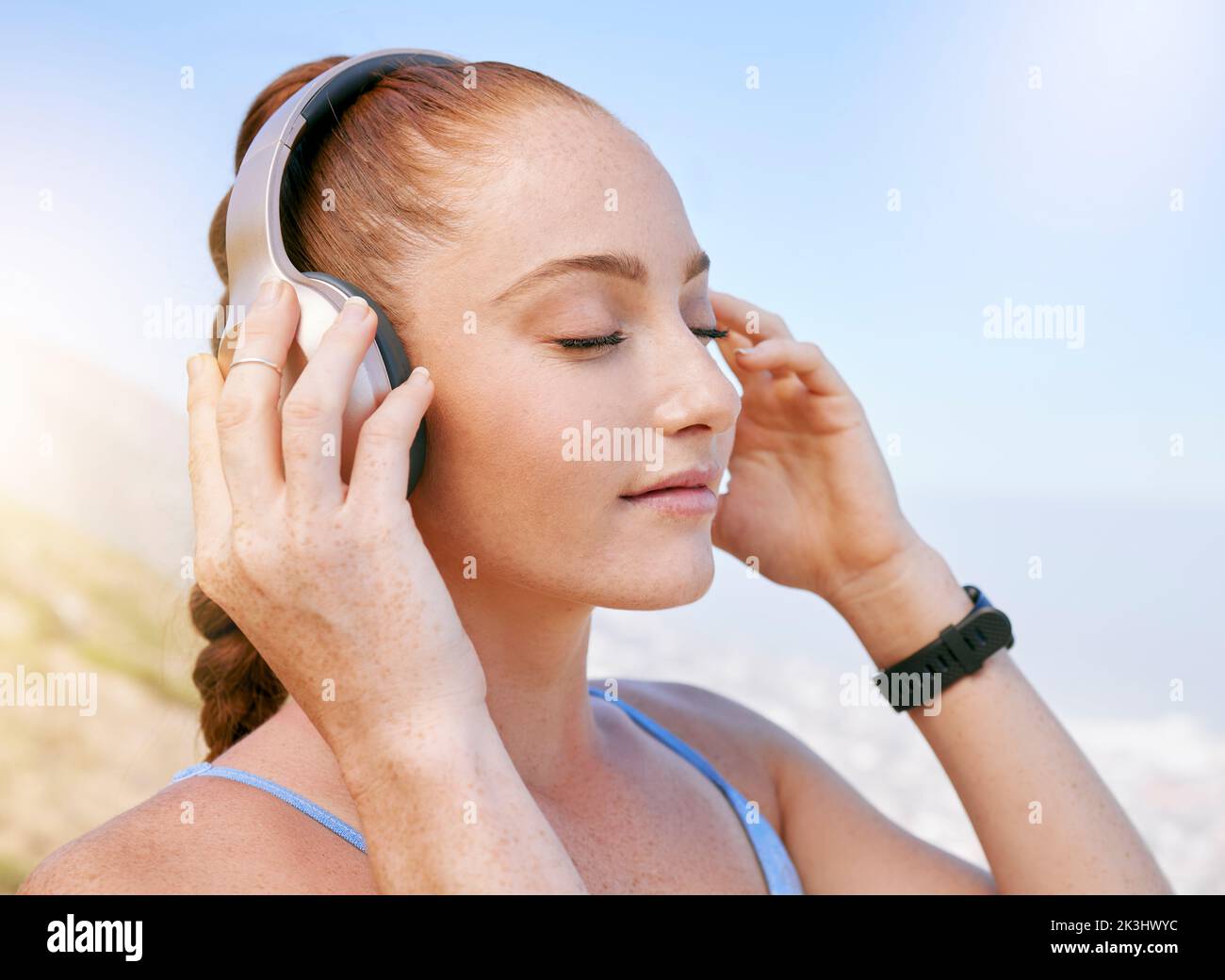 Woman, music and zen podcast during meditation in nature, relax and ...