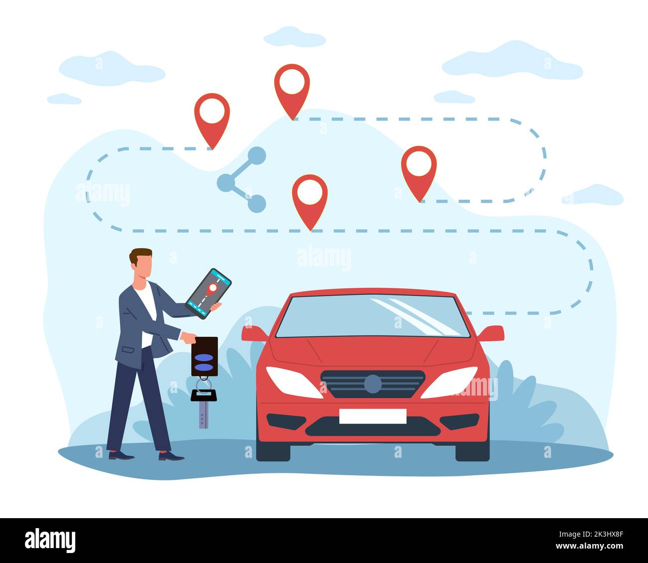 Car sharing service, rental automobile. Businessman standing near red ...