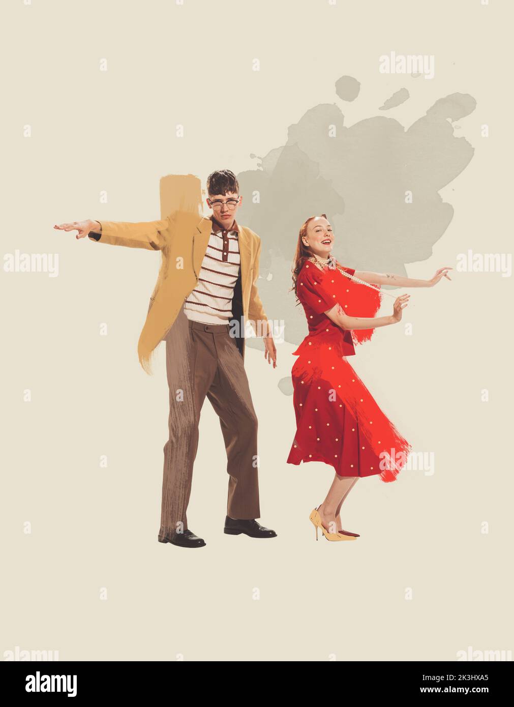 Contemporary art collage. Stylish young couple, man and woman dancing ...