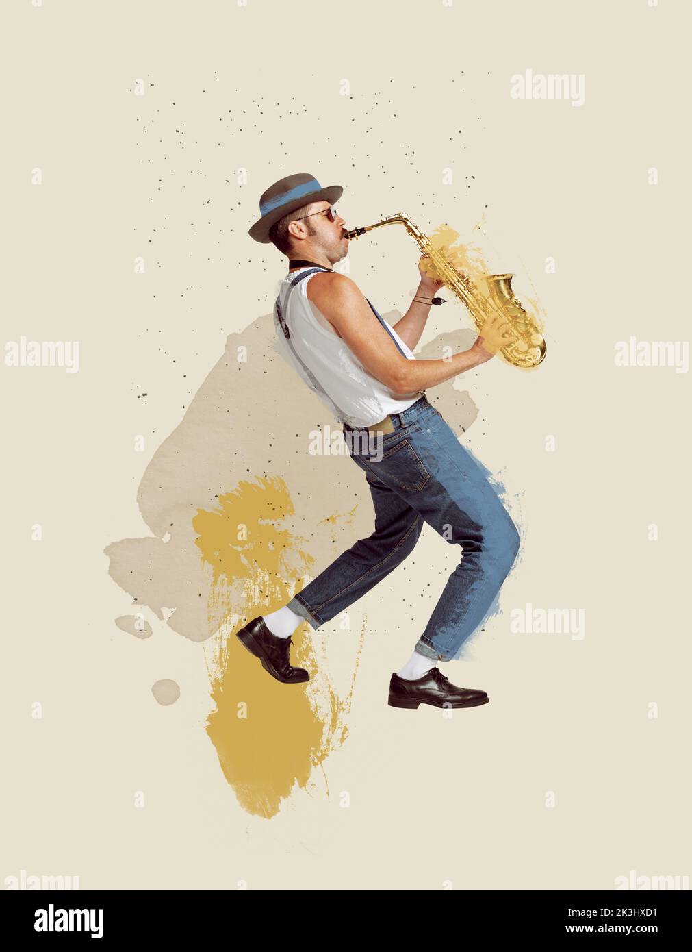 Contemporary art collage. Young stylish man playing saxophone. Pastel ...