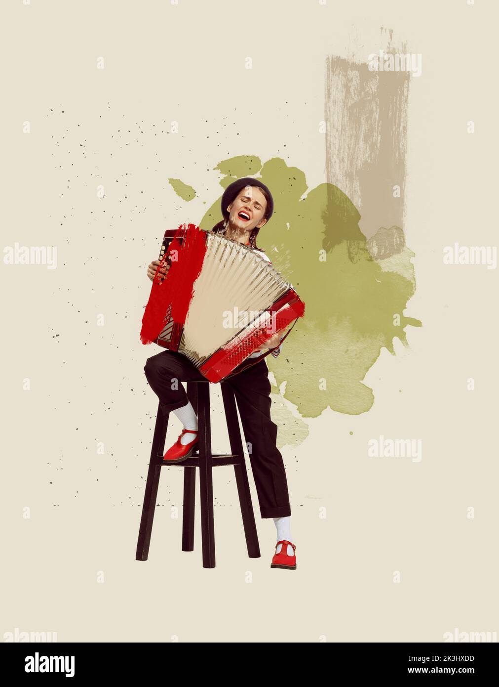 Contemporary art collage. Young woman playing accordion and singing ...