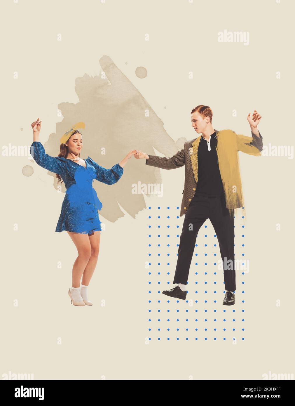 Contemporary art collage. Beautiful young couple at the party, dancing ...