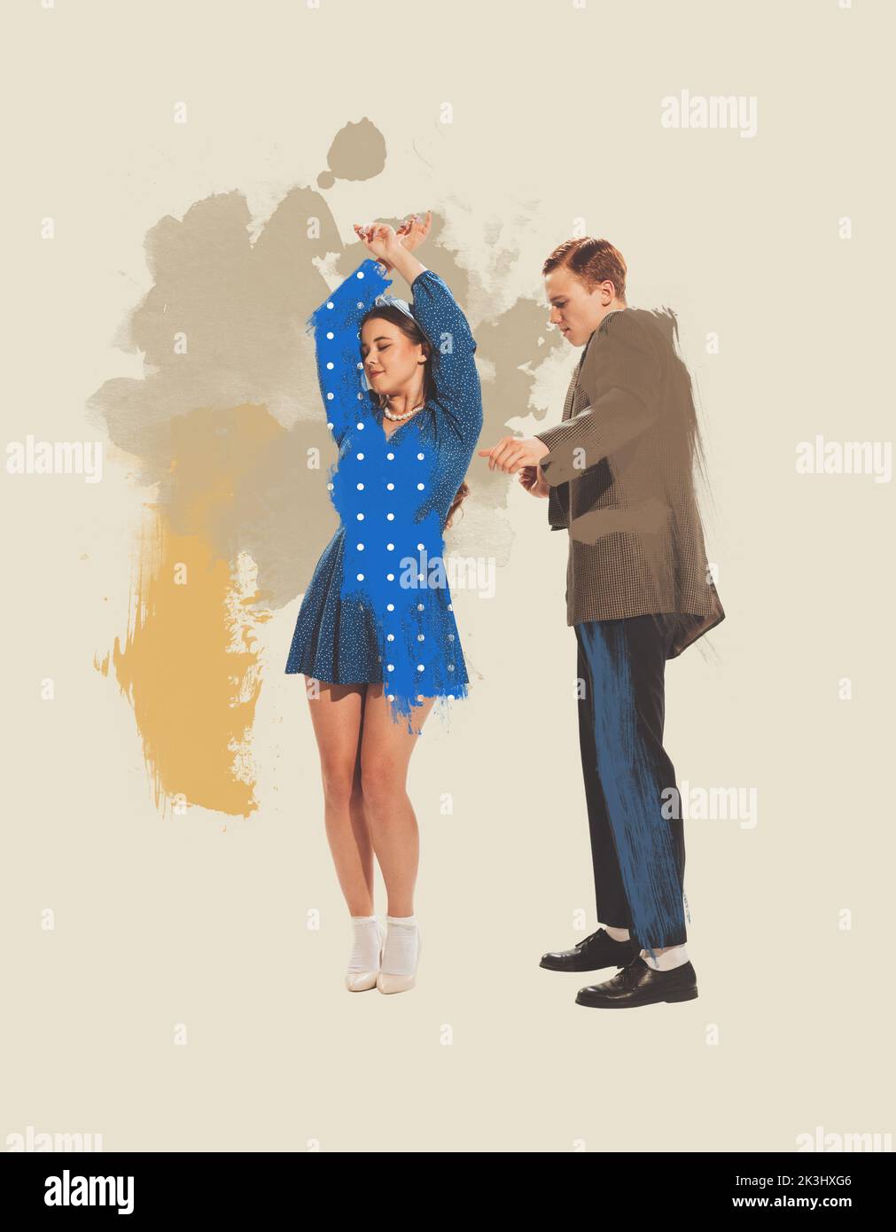 Contemporary art collage. Beautiful young couple at the party, dancing ...