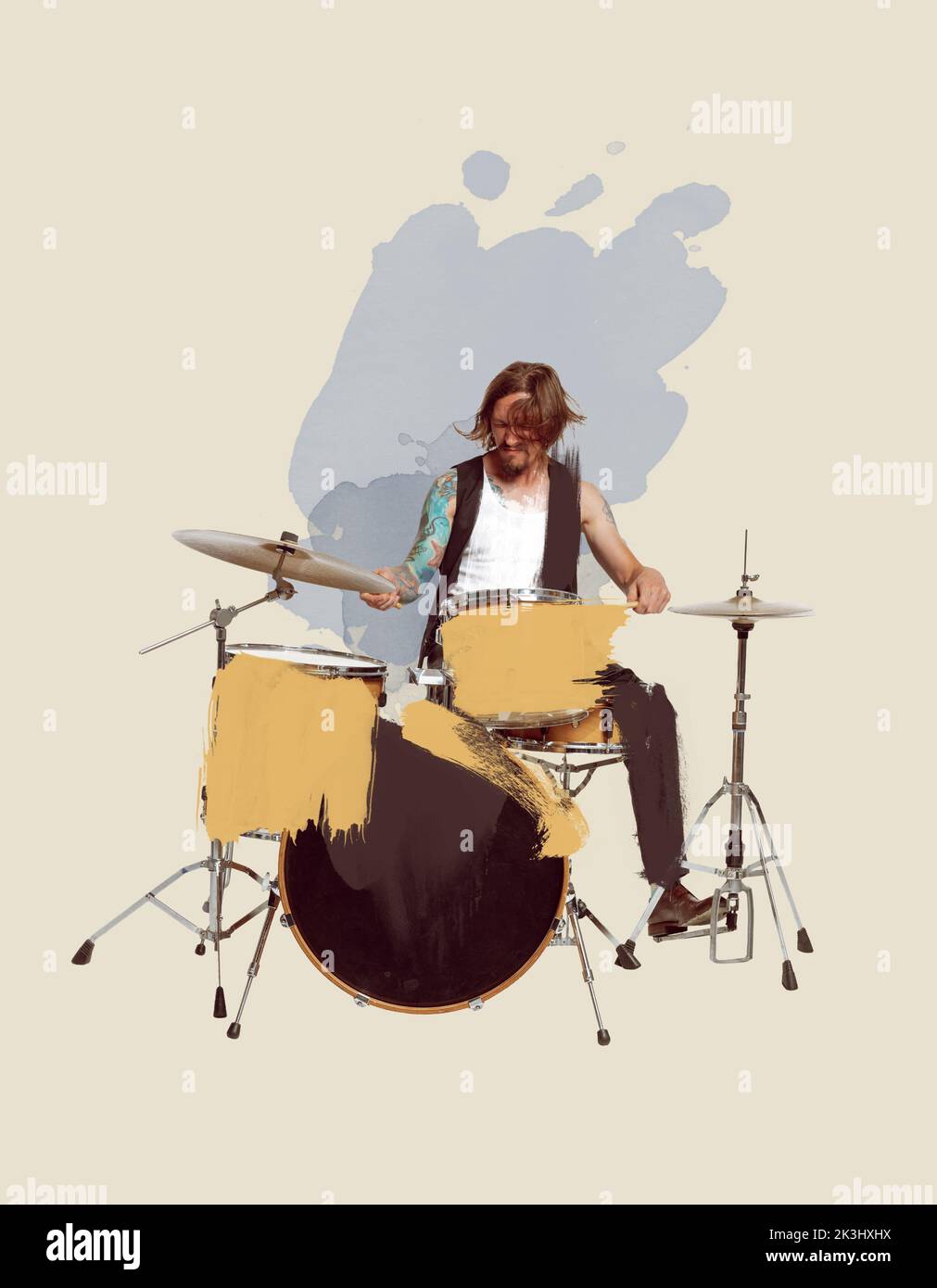 Contemporary art collage. Young man playing drums, performing lively ...