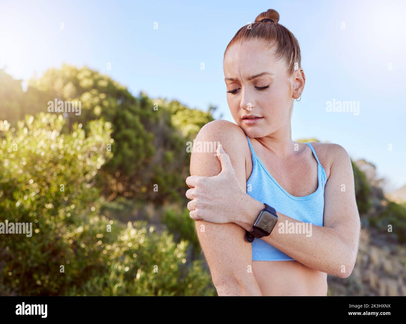 Sports woman, runner and shoulder pain from workout training or fitness ...