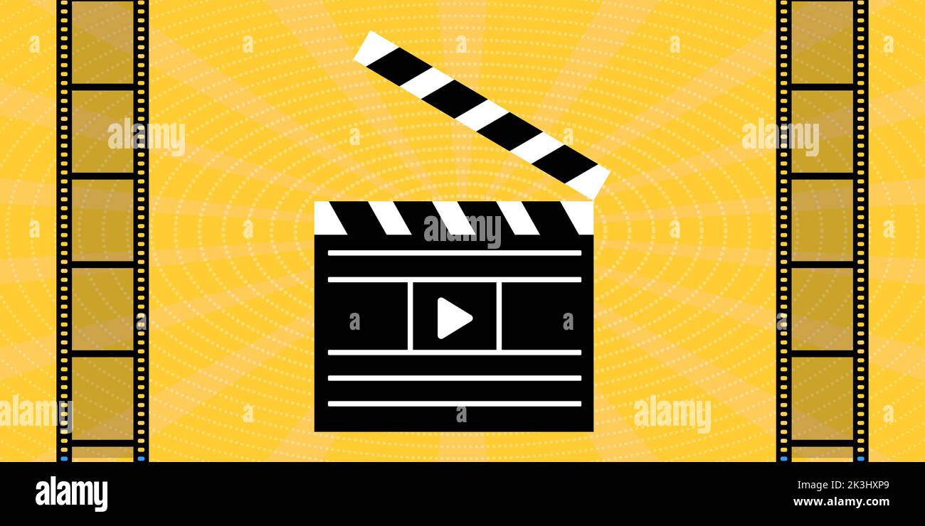 Image of Clapperboard with start button. Cinema screen and film strip ...