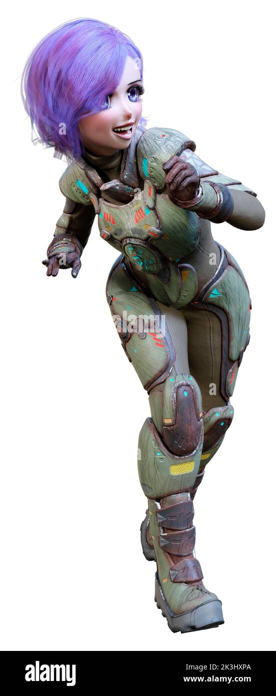 3D rendering of an anime teenager girl with purple hair in an astronaut ...