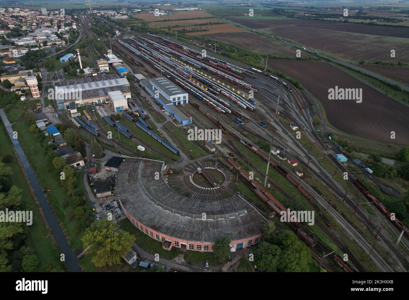 Railway turntable for locomotives aerial panorama landscape view ...