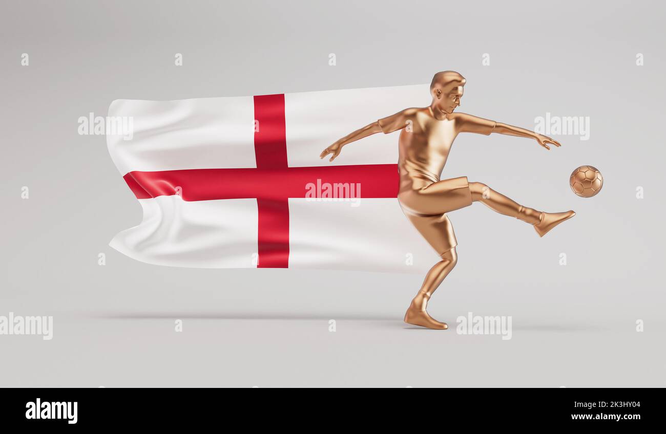 Golden soccer football player kicking a ball with england waving flag ...