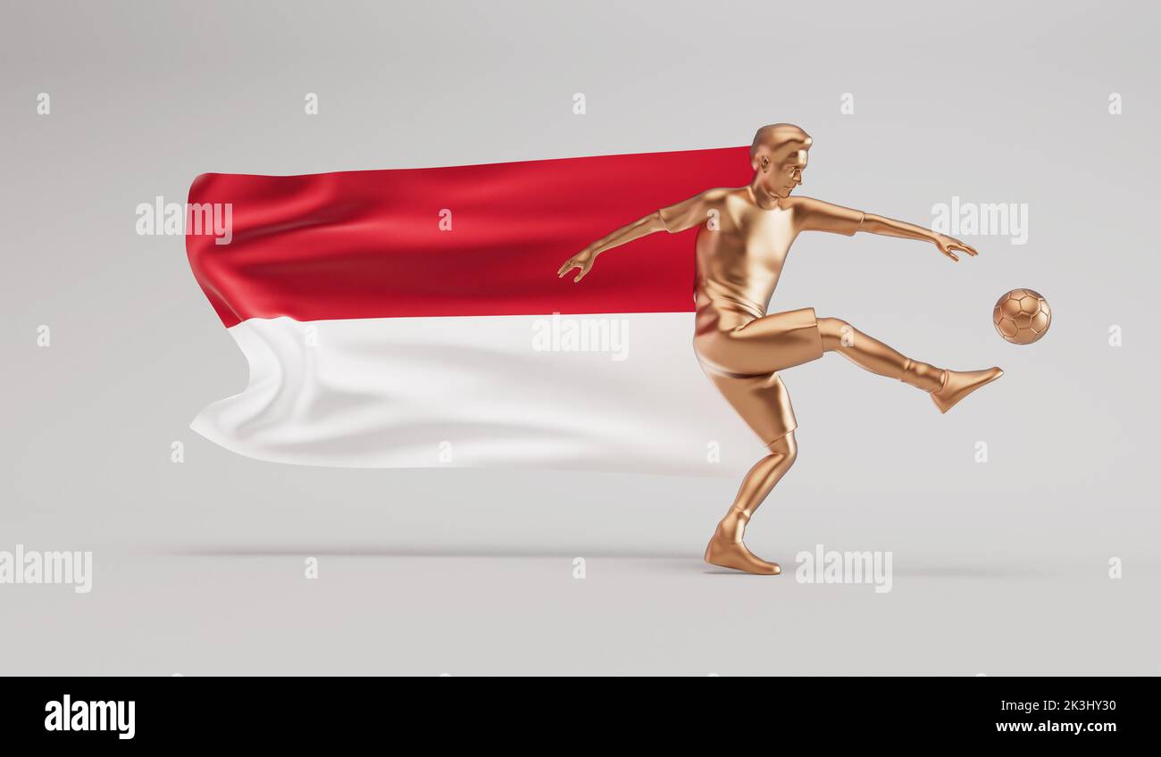 Golden soccer football player kicking a ball with indonesia waving flag ...