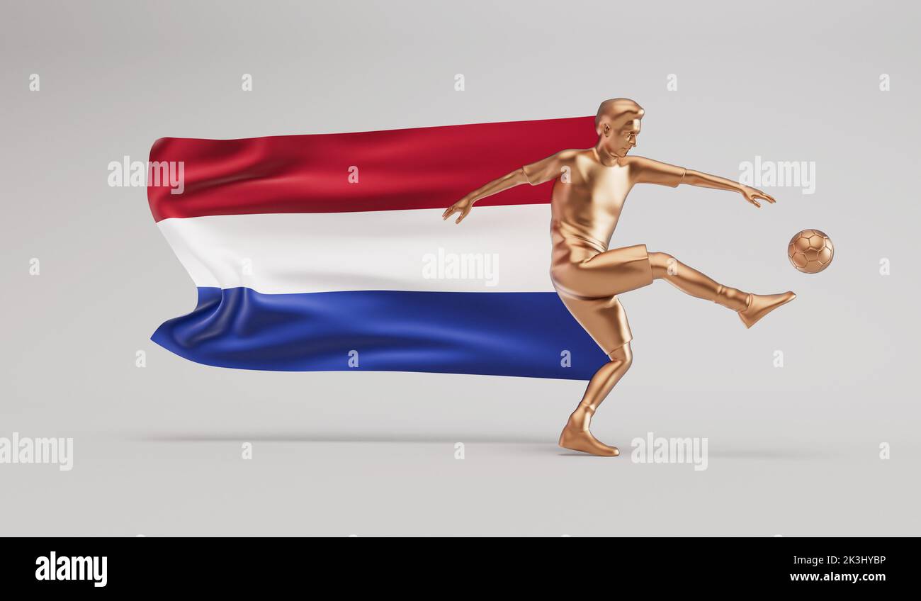 Golden soccer football player kicking a ball with netherlands waving ...