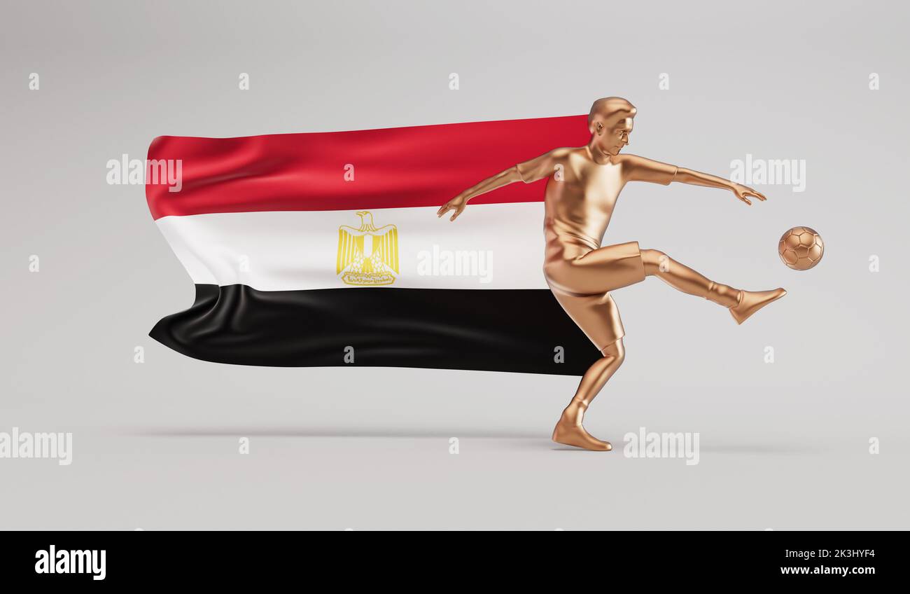 Golden soccer football player kicking a ball with egypt waving flag. 3D ...