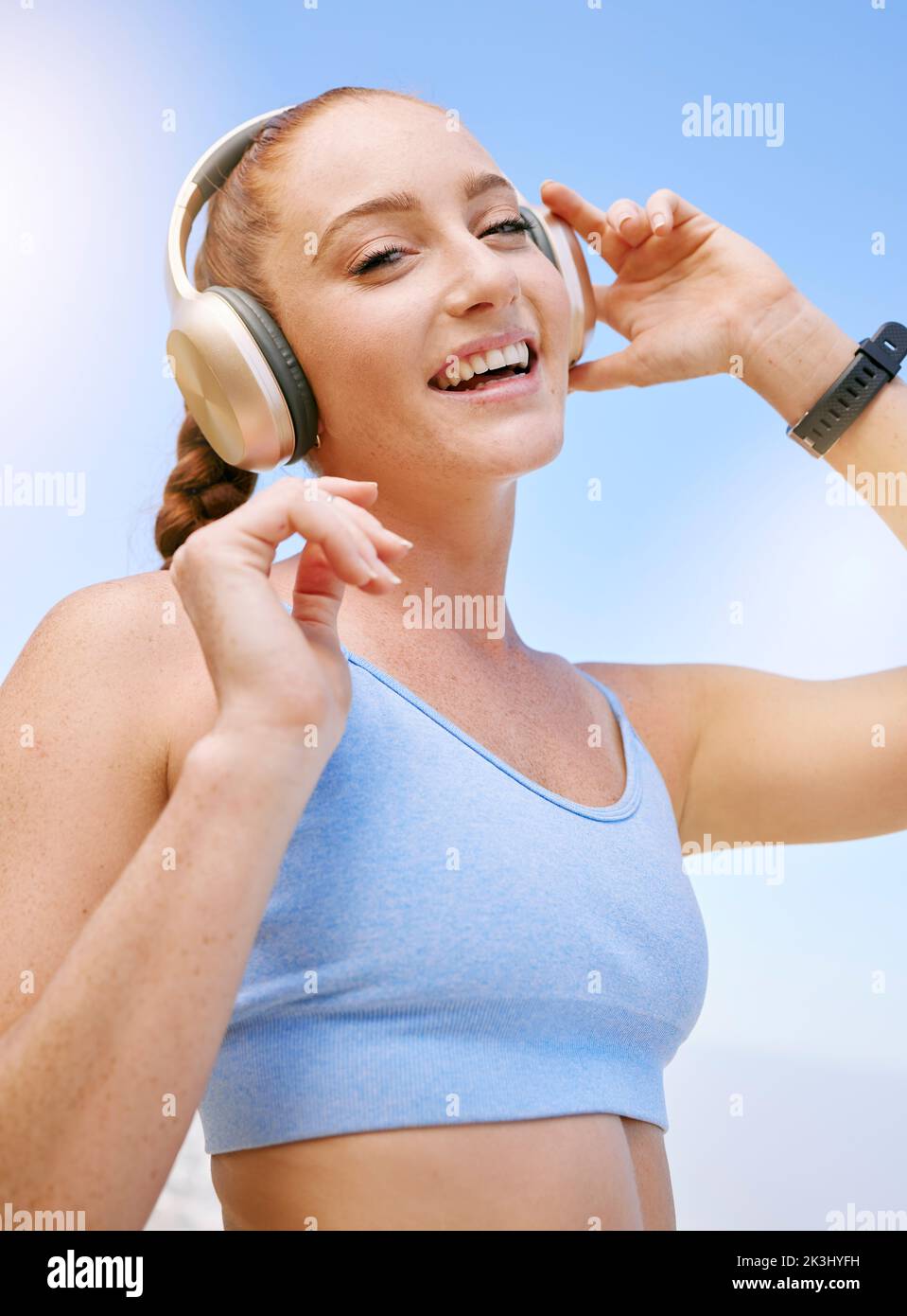 Woman, fitness or music headphones in workout, training or exercise ...
