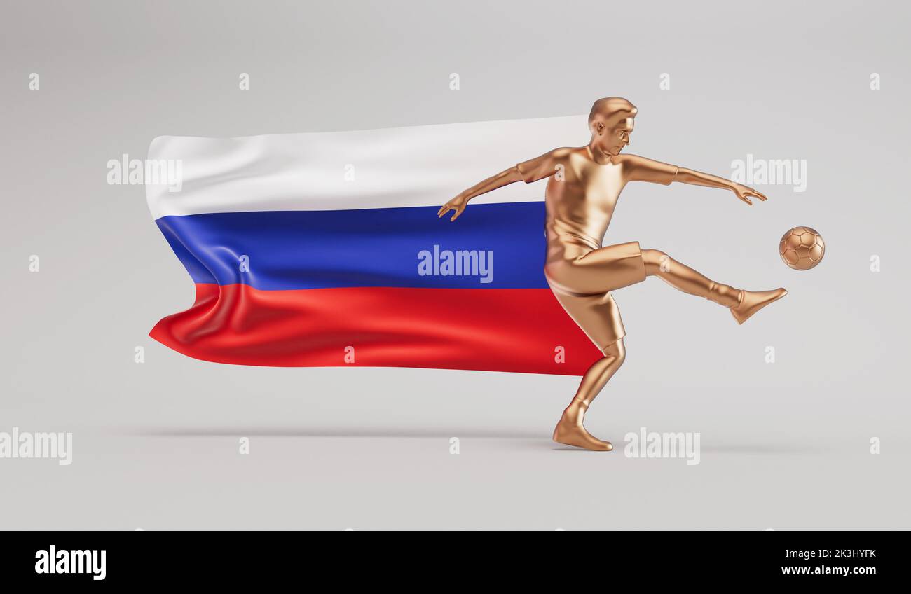 Golden soccer football player kicking a ball with russia waving flag ...