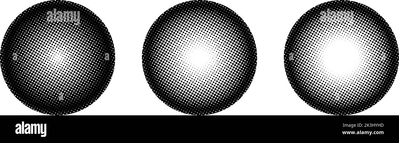 Halftone spheres set. Semitone dotted globes. Comic texture circles ...