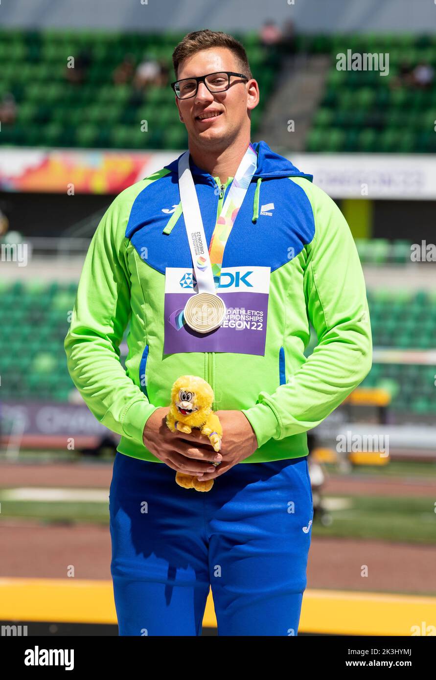 Kristjan Čeh of Slovenia in the men’s discus medal ceremony at the ...
