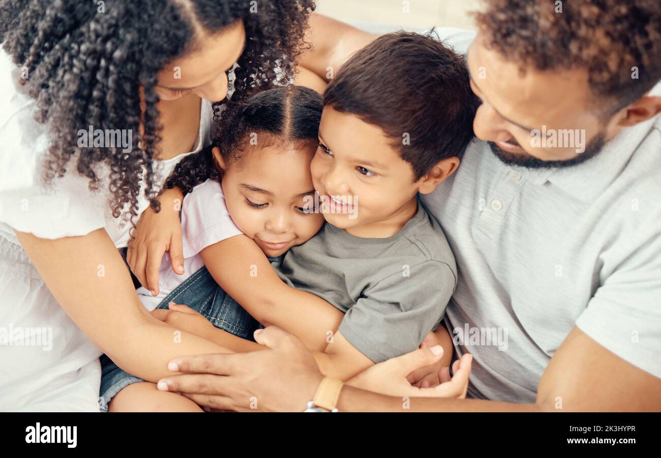 Relax, love and family hug for care in happy home together to show ...