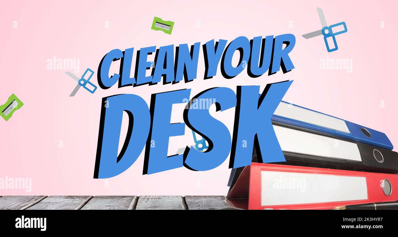 Composite of sharpener and scissors with files on table and clean your ...