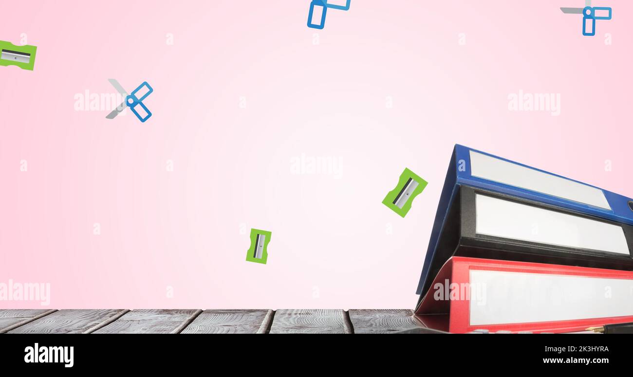 Illustration of flying scissors, sharpeners with files on table against ...