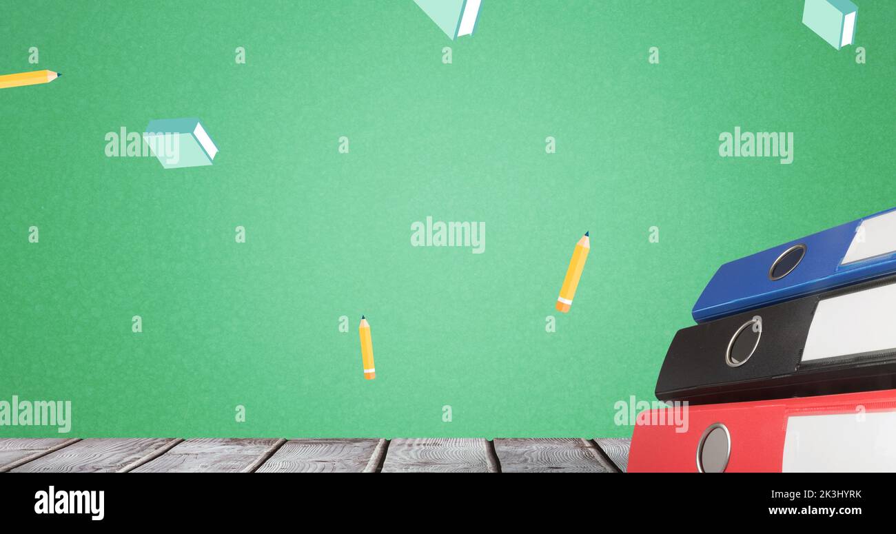 Composite of flying pencils with erasers and files on table against ...