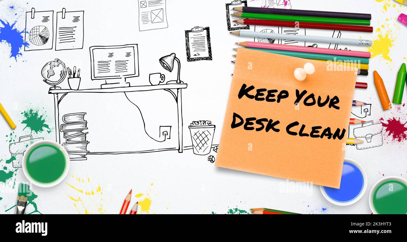 Composite of keep your desk clean text on sticky note over pencil and ...