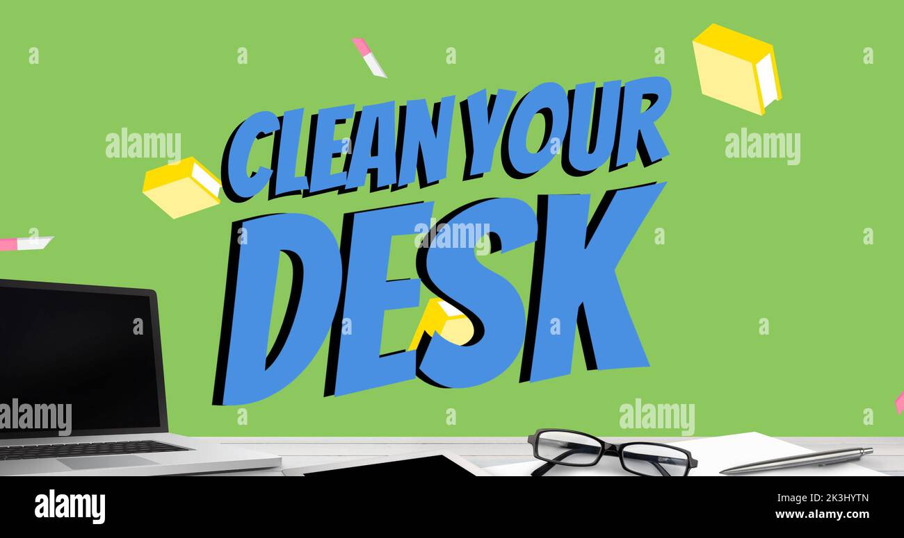 Composite of clean your desk text over falling cutters and books with ...