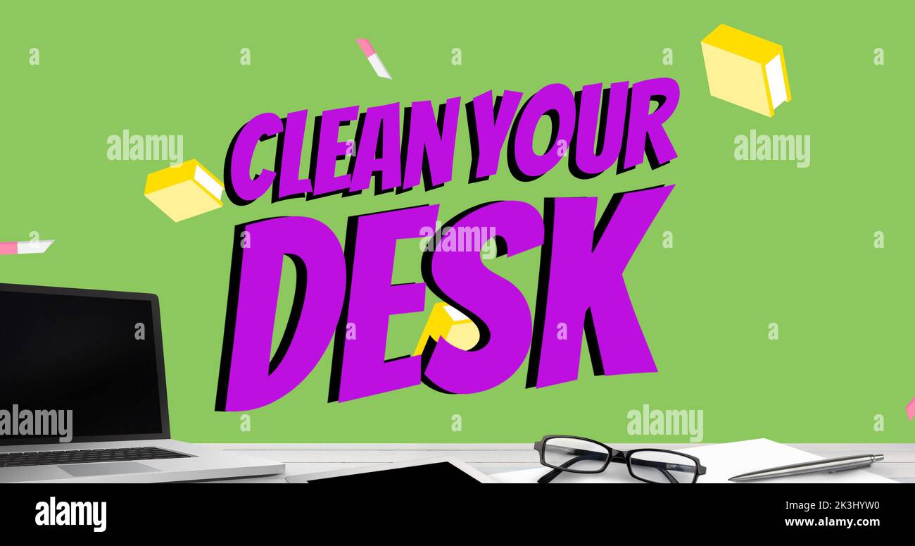 Composite of clean your desk text over falling cutters and books on ...