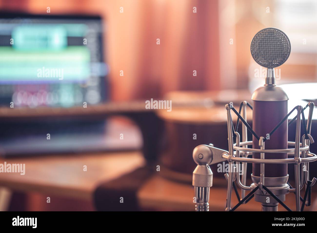 Professional microphone on blurred background, sound recording concept ...
