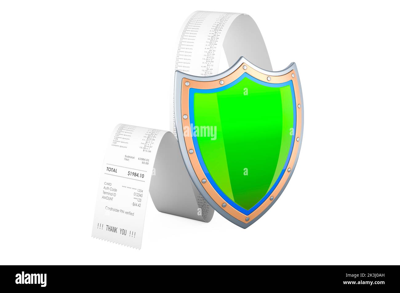 Receipt print with shield, 3D rendering isolated on white background ...