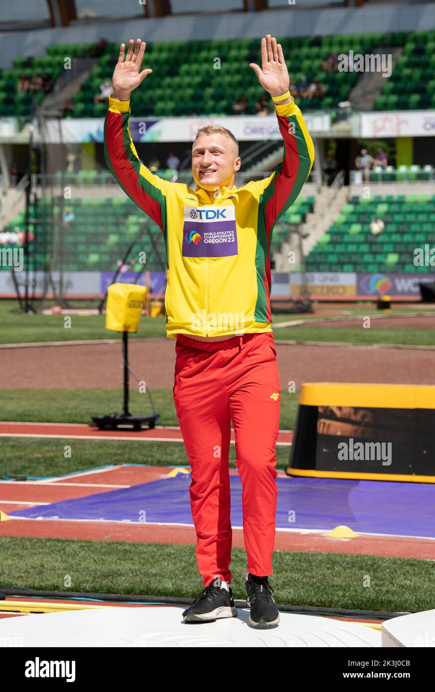 Mykolas Alekna (Silver) of Lithuania in the men’s discus medal ceremony ...