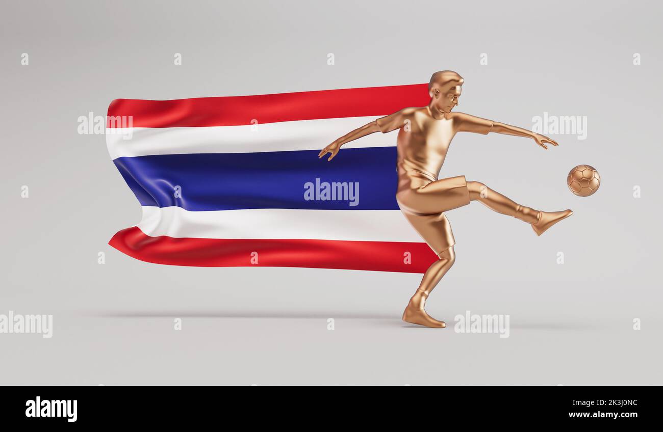 Golden soccer football player kicking a ball with thailand waving flag ...