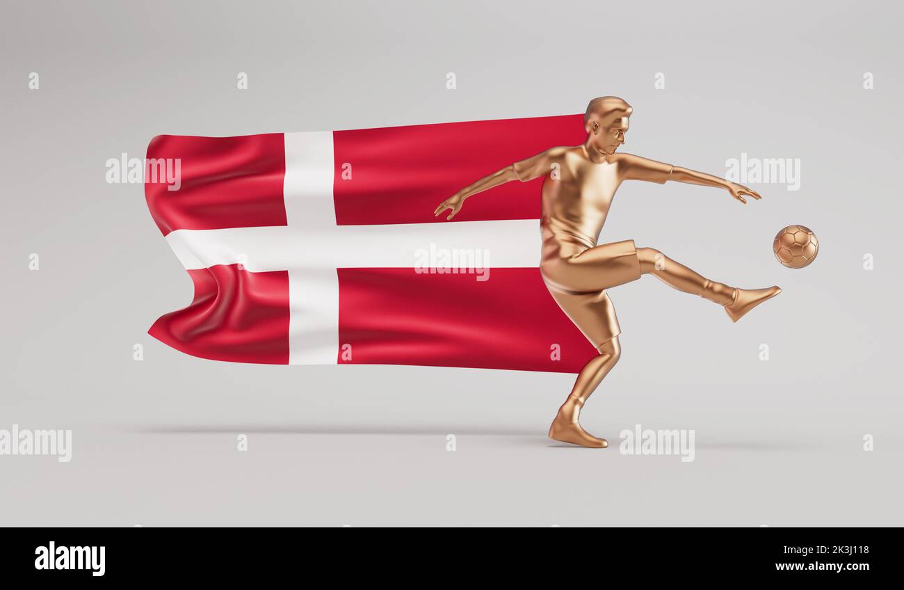 Golden soccer football player kicking a ball with denmark waving flag ...
