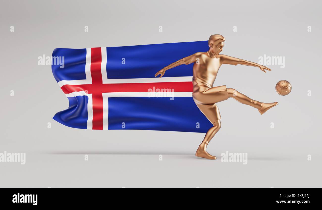 Golden soccer football player kicking a ball with iceland waving flag ...