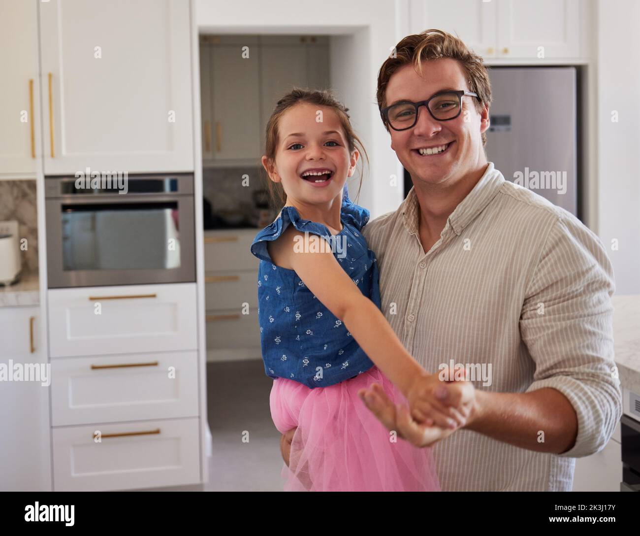 Happy family, dance and portrait of father and daughter dancing ...